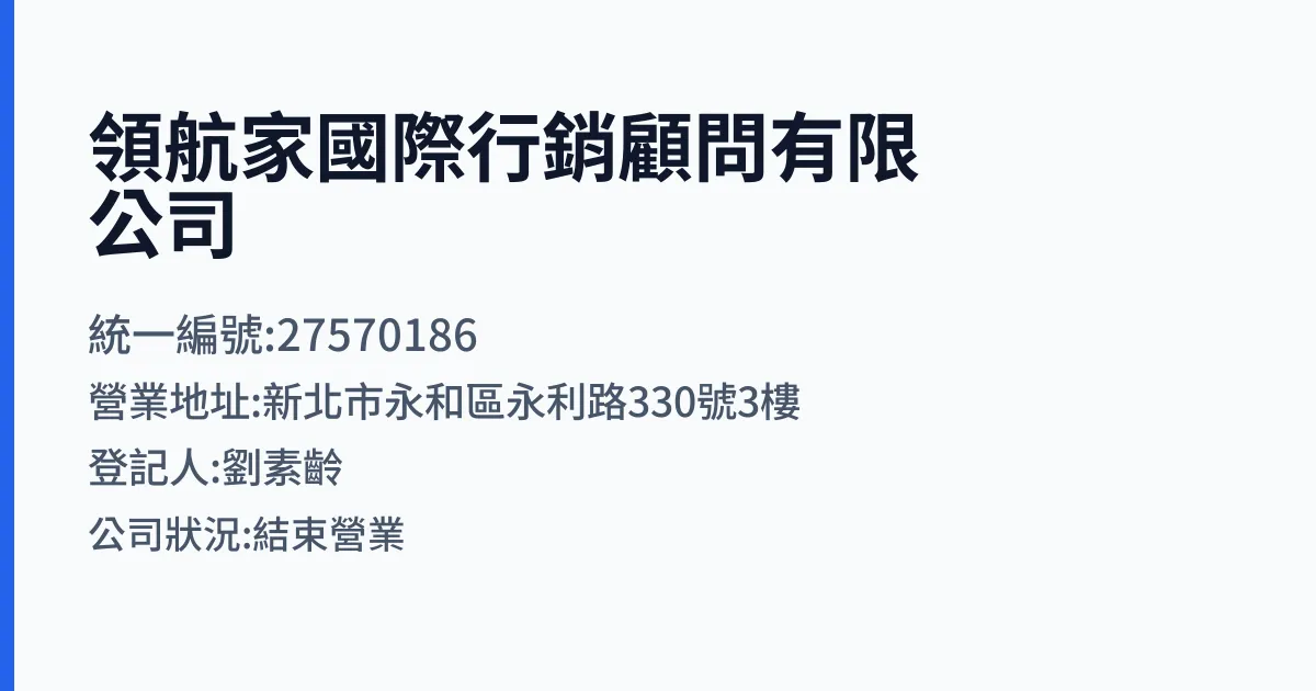 領航家國際行銷顧問有限公司 - 統編 27570186(新北市) 公司登記資料與營業項目詳細圖表