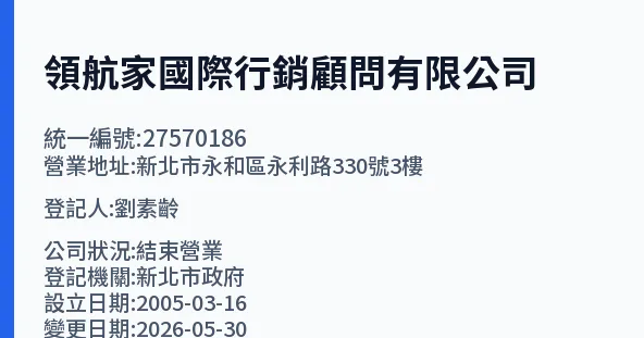 領航家國際行銷顧問有限公司的照片-統編 27570186(新北市) 公司登記資料與營業項目詳細圖表