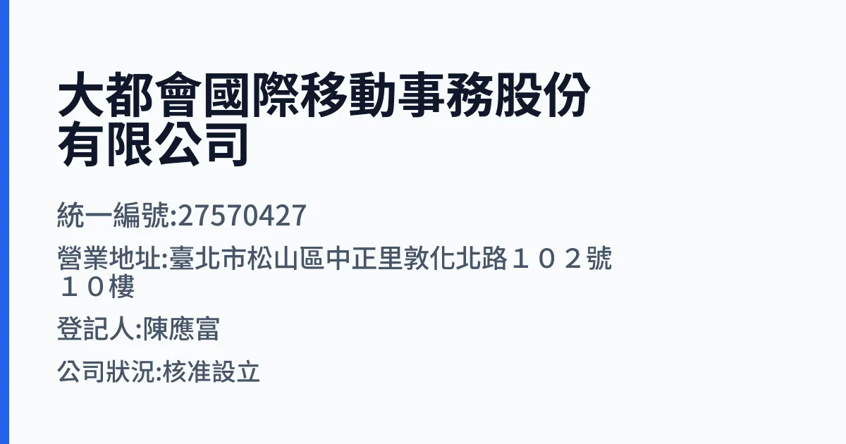 大都會國際移動事務股份有限公司 - 統編 27570427(臺北市) 公司登記資料與營業項目詳細圖表