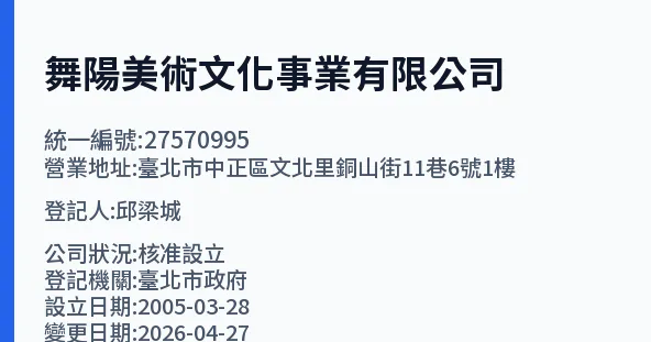 舞陽美術文化事業有限公司的照片-統編 27570995(臺北市) 公司登記資料與營業項目詳細圖表