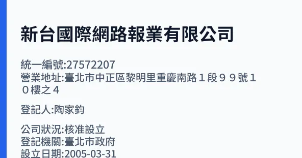 新台國際網路報業有限公司的照片-統編 27572207(臺北市) 公司登記資料與營業項目詳細圖表