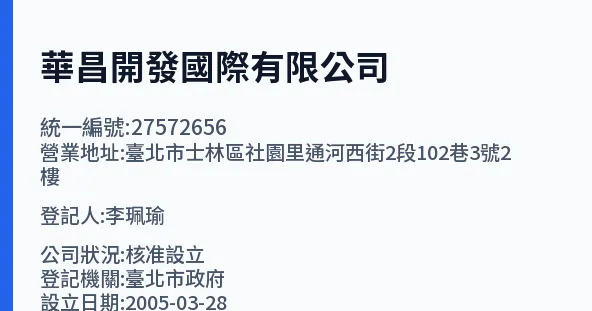 華昌開發國際有限公司的照片-統編 27572656(臺北市) 公司登記資料與營業項目詳細圖表
