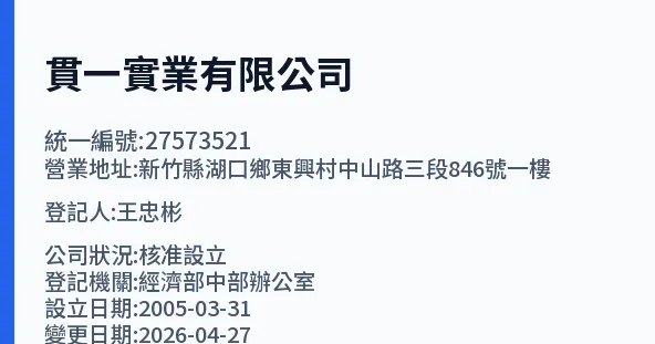貫一實業有限公司的照片-統編 27573521(新竹縣) 公司登記資料與營業項目詳細圖表