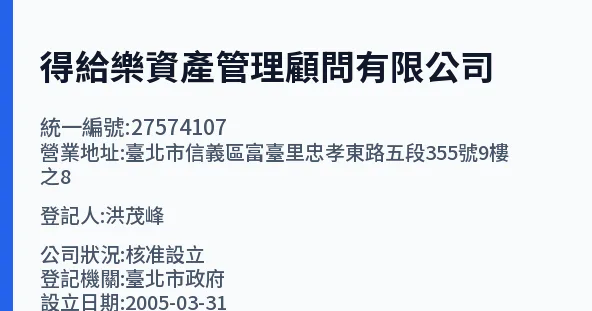 得給樂資產管理顧問有限公司的照片-統編 27574107(臺北市) 公司登記資料與營業項目詳細圖表