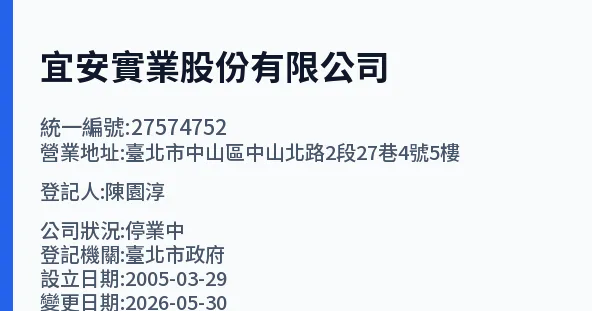 宜安實業股份有限公司的照片-統編 27574752(臺北市) 公司登記資料與營業項目詳細圖表