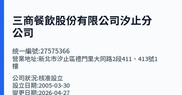 三商餐飲股份有限公司汐止分公司的照片-統編 27575366(新北市) 公司登記資料與營業項目詳細圖表