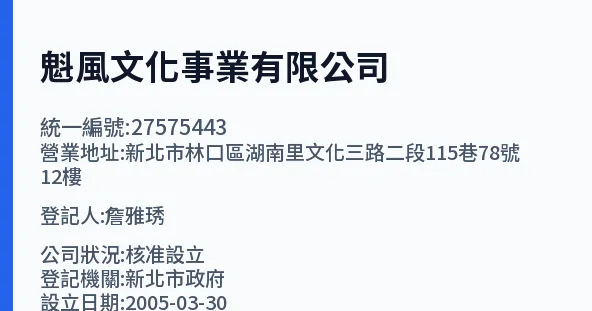 魁風文化事業有限公司的照片-統編 27575443(新北市) 公司登記資料與營業項目詳細圖表