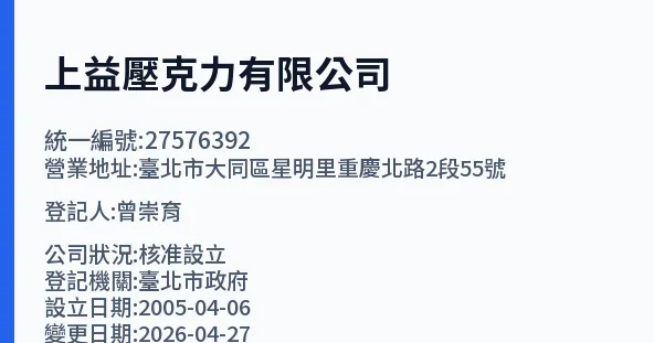 上益壓克力有限公司的照片-統編 27576392(臺北市) 公司登記資料與營業項目詳細圖表
