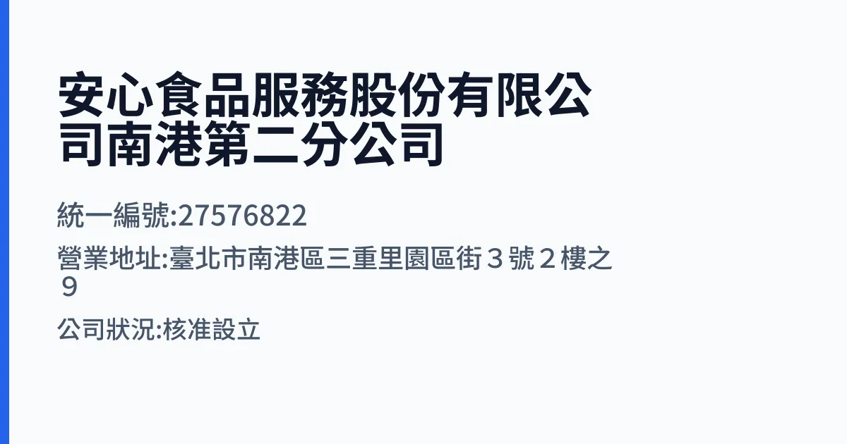 安心食品服務股份有限公司南港第二分公司 - 統編 27576822(臺北市) 公司登記資料與營業項目詳細圖表