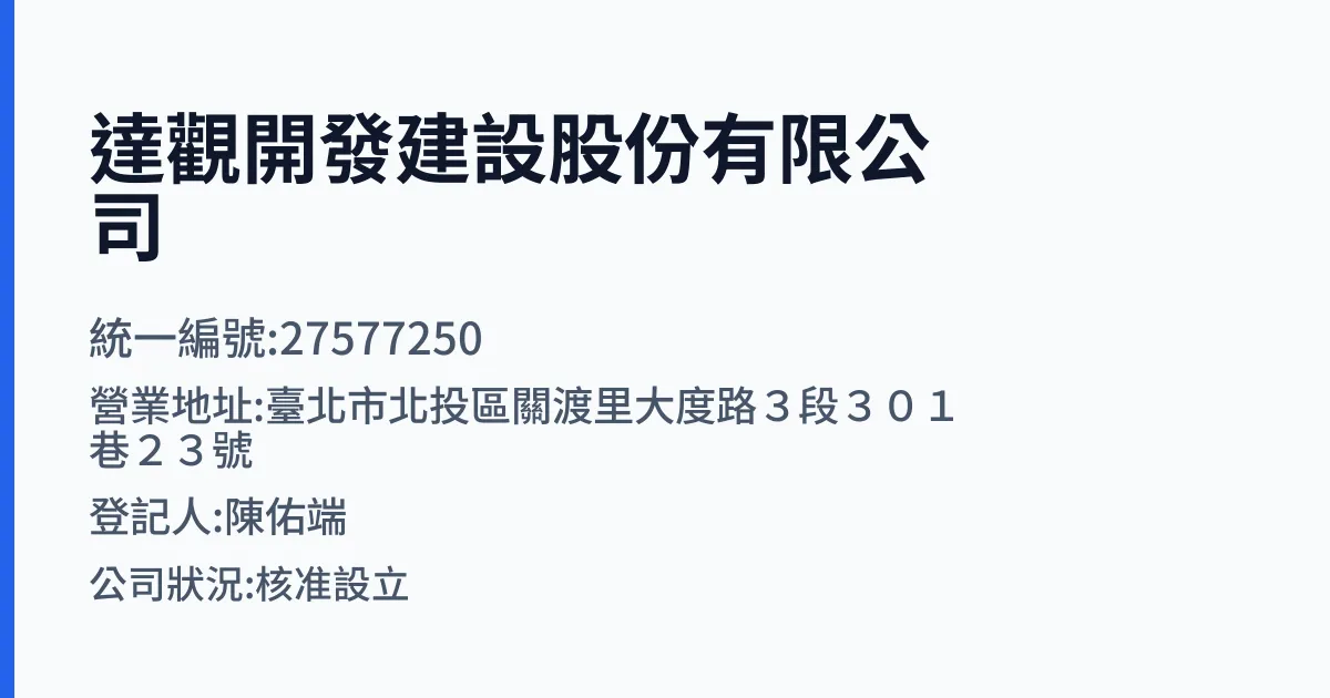 達觀開發建設股份有限公司 - 統編 27577250(臺北市) 公司登記資料與營業項目詳細圖表