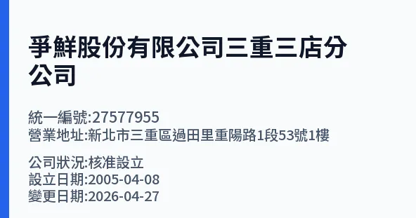 爭鮮股份有限公司三重三店分公司的照片-統編 27577955(新北市) 公司登記資料與營業項目詳細圖表