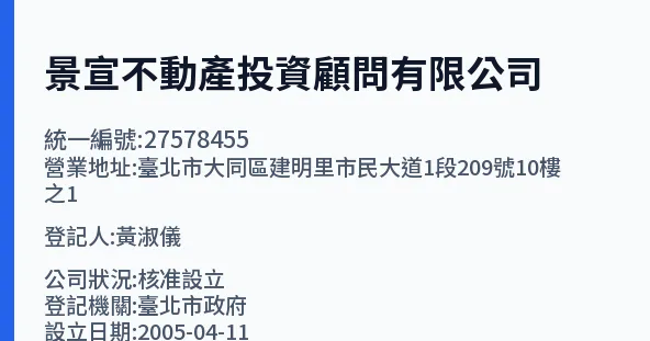 景宣不動產投資顧問有限公司的照片-統編 27578455(臺北市) 公司登記資料與營業項目詳細圖表