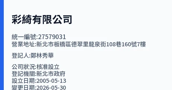 彩綺有限公司的照片-統編 27579031(新北市) 公司登記資料與營業項目詳細圖表
