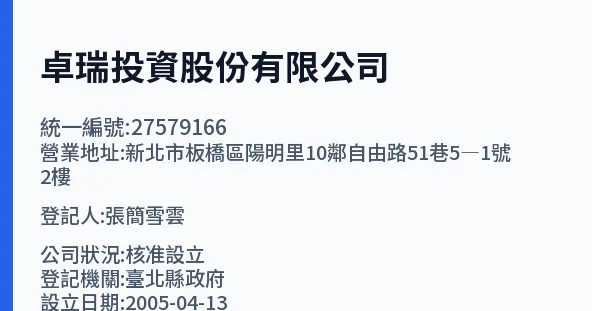 卓瑞投資股份有限公司的照片-統編 27579166(新北市) 公司登記資料與營業項目詳細圖表