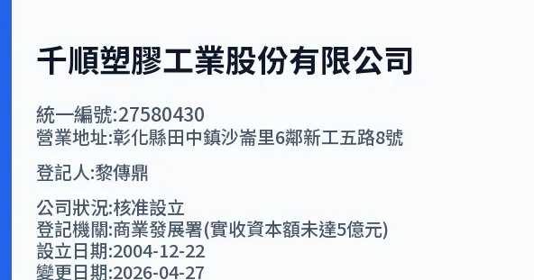 千順塑膠工業股份有限公司的照片-統編 27580430(彰化縣) 公司登記資料與營業項目詳細圖表