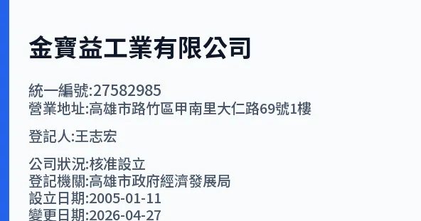 金寶益工業有限公司的照片-統編 27582985(高雄市) 公司登記資料與營業項目詳細圖表