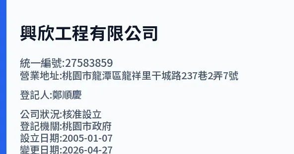 興欣工程有限公司的照片-統編 27583859(桃園市) 公司登記資料與營業項目詳細圖表