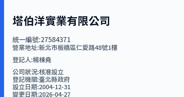 塔伯洋實業有限公司的照片-統編 27584371(新北市) 公司登記資料與營業項目詳細圖表