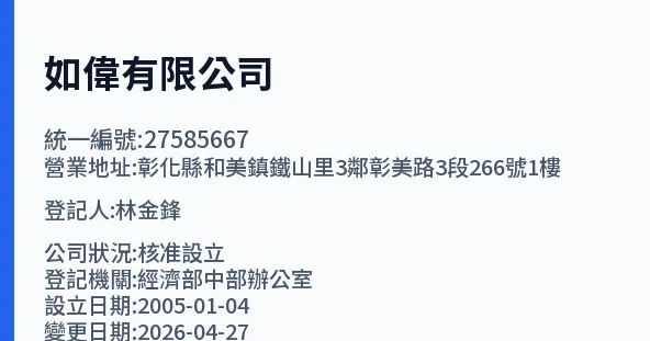 如偉有限公司的照片-統編 27585667(彰化縣) 公司登記資料與營業項目詳細圖表