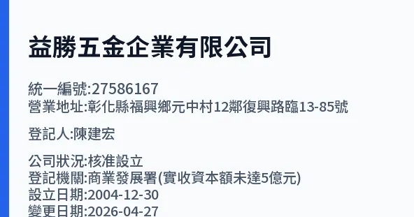 益勝五金企業有限公司的照片-統編 27586167(彰化縣) 公司登記資料與營業項目詳細圖表