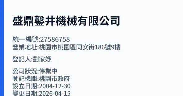 盛鼎鑿井機械有限公司的照片-統編 27586758(桃園市) 公司登記資料與營業項目詳細圖表