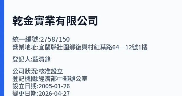 乾金實業有限公司的照片-統編 27587150(宜蘭縣) 公司登記資料與營業項目詳細圖表