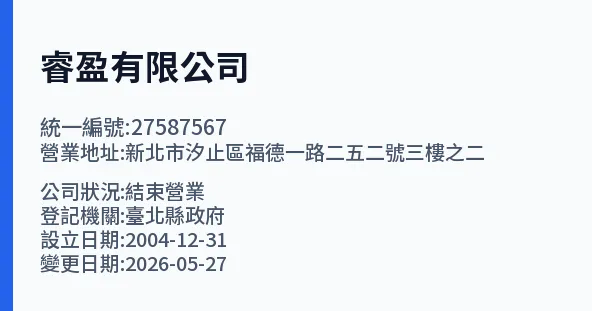睿盈有限公司的照片-統編 27587567(新北市) 公司登記資料與營業項目詳細圖表