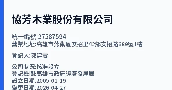 協芳木業股份有限公司的照片-統編 27587594(高雄市) 公司登記資料與營業項目詳細圖表