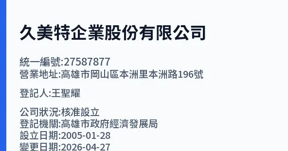 久美特企業股份有限公司的照片-統編 27587877(高雄市) 公司登記資料與營業項目詳細圖表