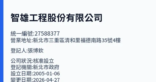 智雄工程股份有限公司的照片-統編 27588377(新北市) 公司登記資料與營業項目詳細圖表