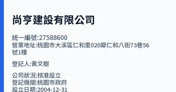 尚亨建設有限公司的照片-統編 27588600(桃園市) 公司登記資料與營業項目詳細圖表