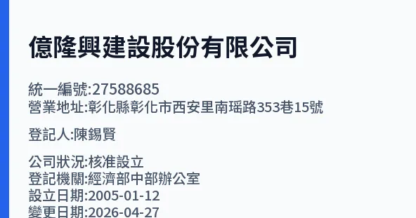 億隆興建設股份有限公司的照片-統編 27588685(彰化縣) 公司登記資料與營業項目詳細圖表