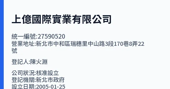 上億國際實業有限公司的照片-統編 27590520(新北市) 公司登記資料與營業項目詳細圖表