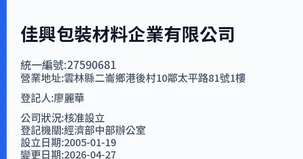 佳興包裝材料企業有限公司的照片-統編 27590681(雲林縣) 公司登記資料與營業項目詳細圖表