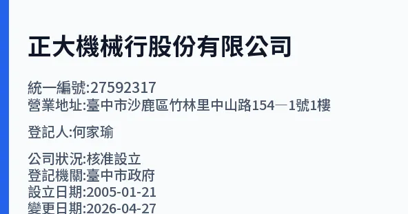 正大機械行股份有限公司的照片-統編 27592317(臺中市) 公司登記資料與營業項目詳細圖表