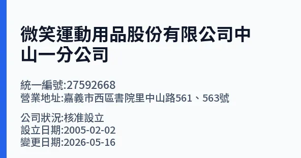 微笑運動用品股份有限公司中山一分公司的照片-統編 27592668(嘉義市) 公司登記資料與營業項目詳細圖表