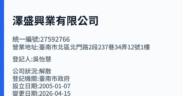 澤盛興業有限公司的照片-統編 27592766(臺南市) 公司登記資料與營業項目詳細圖表