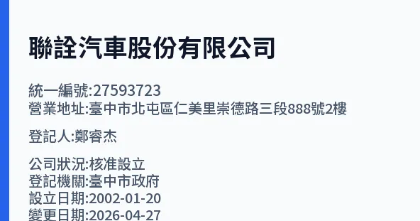 聯詮汽車股份有限公司的照片-統編 27593723(臺中市) 公司登記資料與營業項目詳細圖表