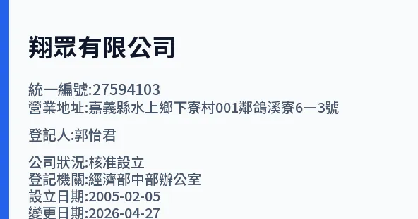 翔眾有限公司的照片-統編 27594103(嘉義縣) 公司登記資料與營業項目詳細圖表