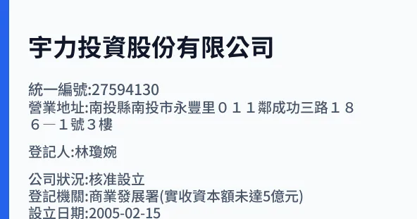 宇力投資股份有限公司的照片-統編 27594130(南投縣) 公司登記資料與營業項目詳細圖表