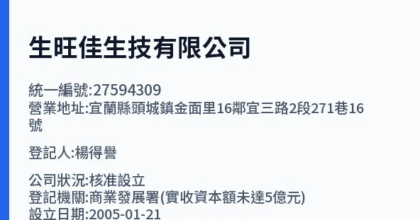 生旺佳生技有限公司的照片-統編 27594309(宜蘭縣) 公司登記資料與營業項目詳細圖表
