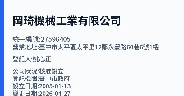 岡琦機械工業有限公司的照片-統編 27596405(臺中市) 公司登記資料與營業項目詳細圖表