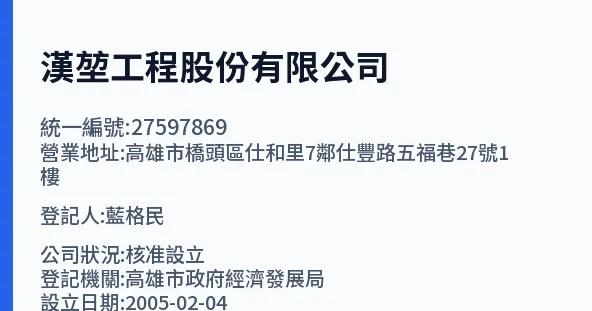 漢堃工程股份有限公司的照片-統編 27597869(高雄市) 公司登記資料與營業項目詳細圖表