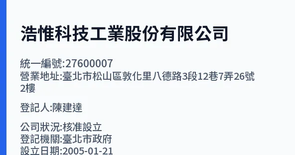 浩惟科技工業股份有限公司的照片-統編 27600007(臺北市) 公司登記資料與營業項目詳細圖表