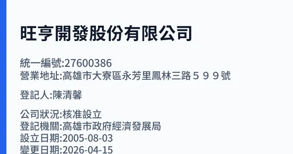 旺亨開發股份有限公司的照片-統編 27600386(高雄市) 公司登記資料與營業項目詳細圖表