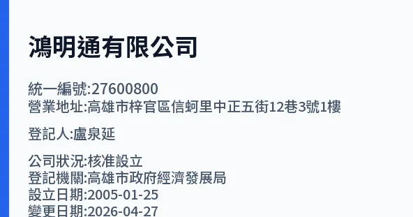 鴻明通有限公司的照片-統編 27600800(高雄市) 公司登記資料與營業項目詳細圖表