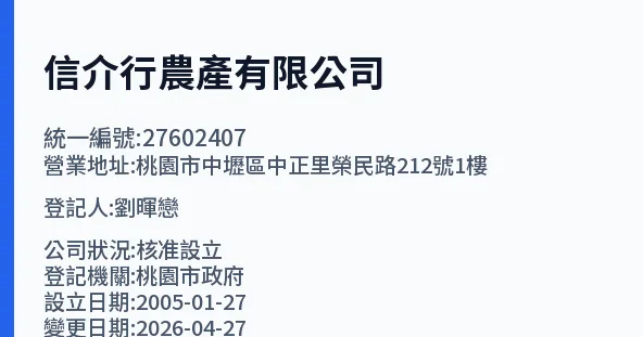信介行農產有限公司的照片-統編 27602407(桃園市) 公司登記資料與營業項目詳細圖表