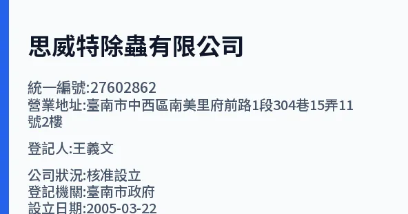 思威特除蟲有限公司的照片-統編 27602862(臺南市) 公司登記資料與營業項目詳細圖表