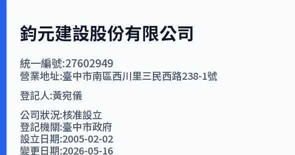 鈞元建設股份有限公司的照片-統編 27602949(臺中市) 公司登記資料與營業項目詳細圖表