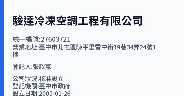 駿達冷凍空調工程有限公司的照片-統編 27603721(臺中市) 公司登記資料與營業項目詳細圖表